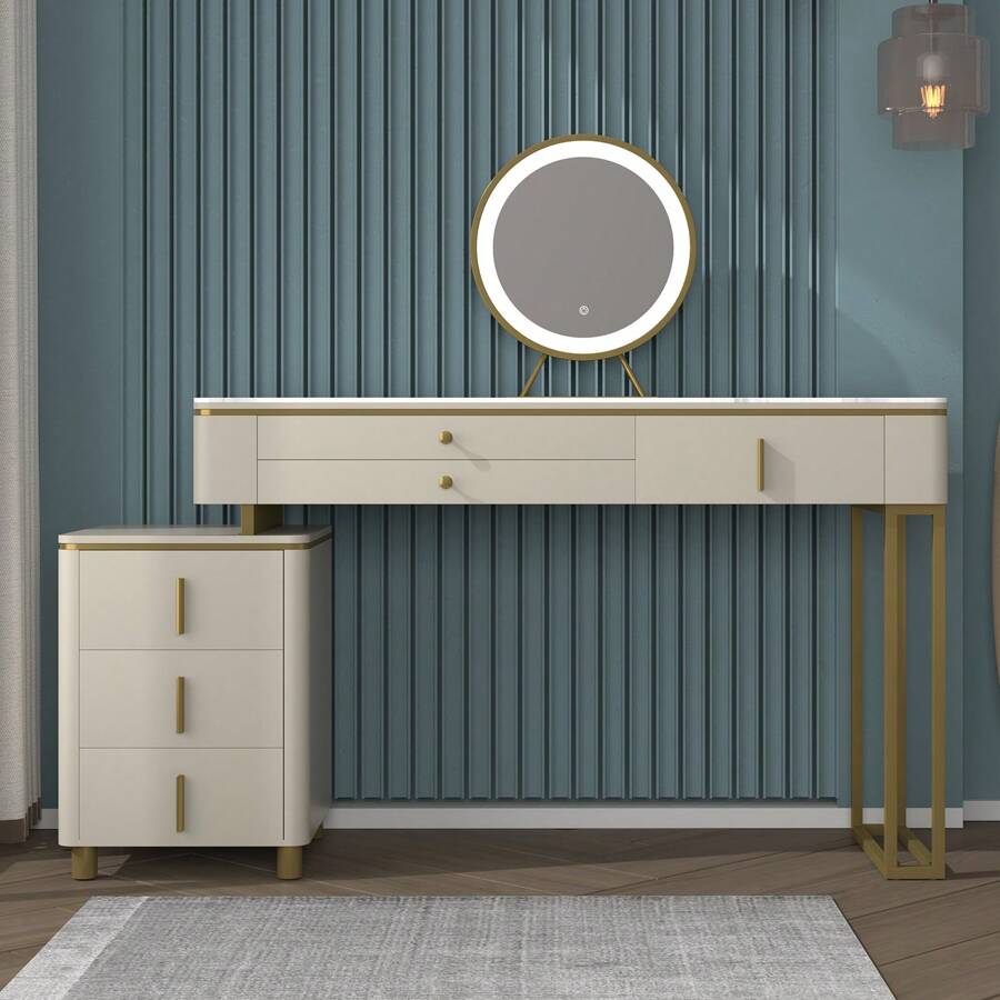 Mjkone Beige Vanity Desk, Makeup Vanity Table Set with Touch Screen LED ...