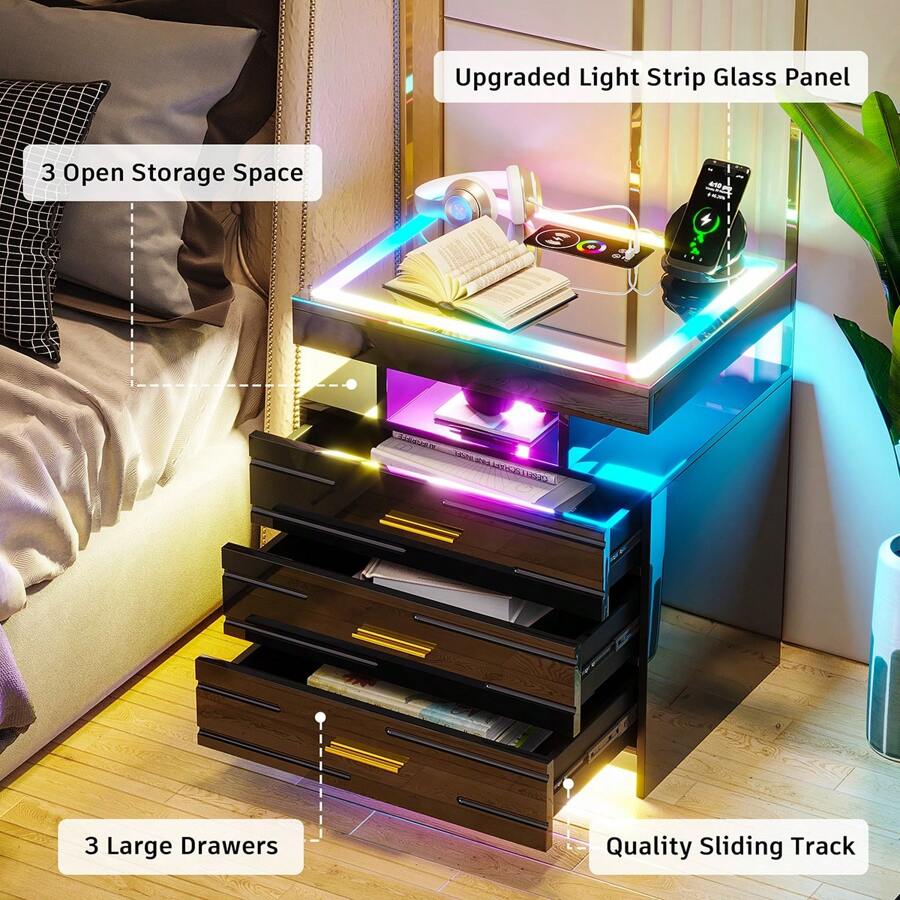 RGB Nightstand With Charging Station(USB+Type-C+Wireless Charging), LED ...