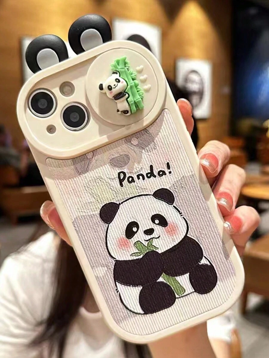 1pc Panda Ear & Panda Eating Bamboo Pattern Phone Case With White Wave ...