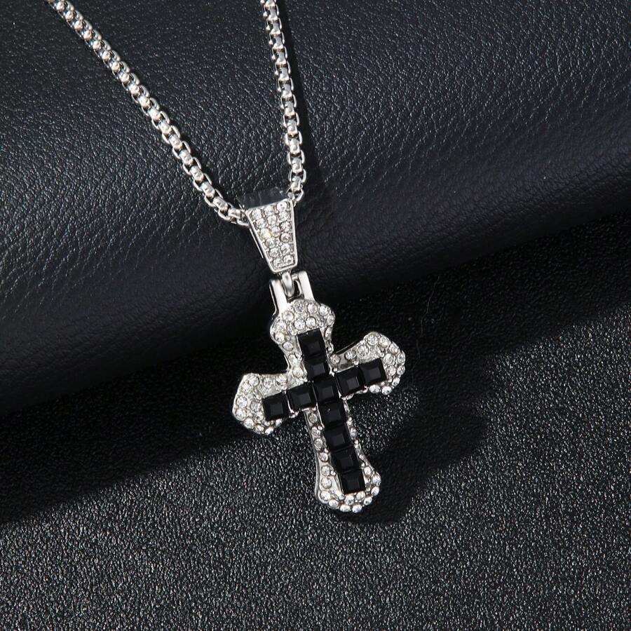 1pc Silver Plated Cross Pendant Necklace For Men With -studded Black ...