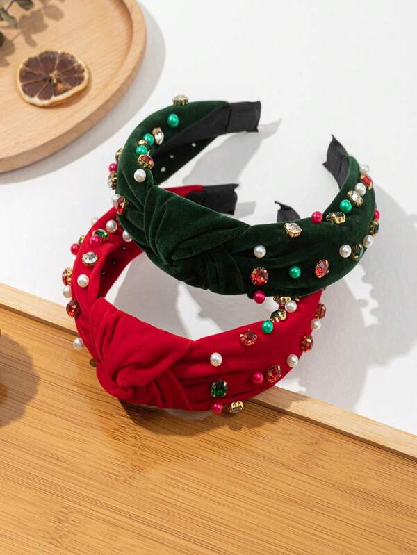 2pcs Womens Fashionable Christmas Themed Hair Accessories Set With Red And Green Beads Pearl