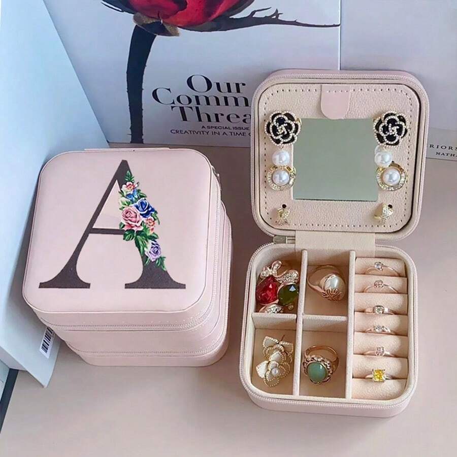 Printed Letters Sequined Mini Jewelry Box With Mirror, Cute Pink ...