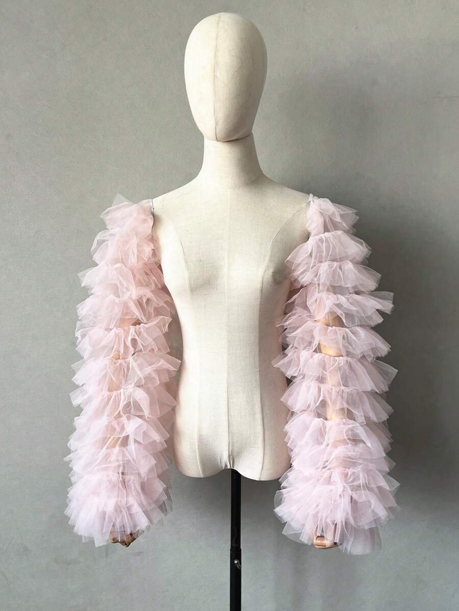 1pc Pink Mesh Pleated Long Sleeve Puff Sleeve (bubble Sleeve) With 2 ...