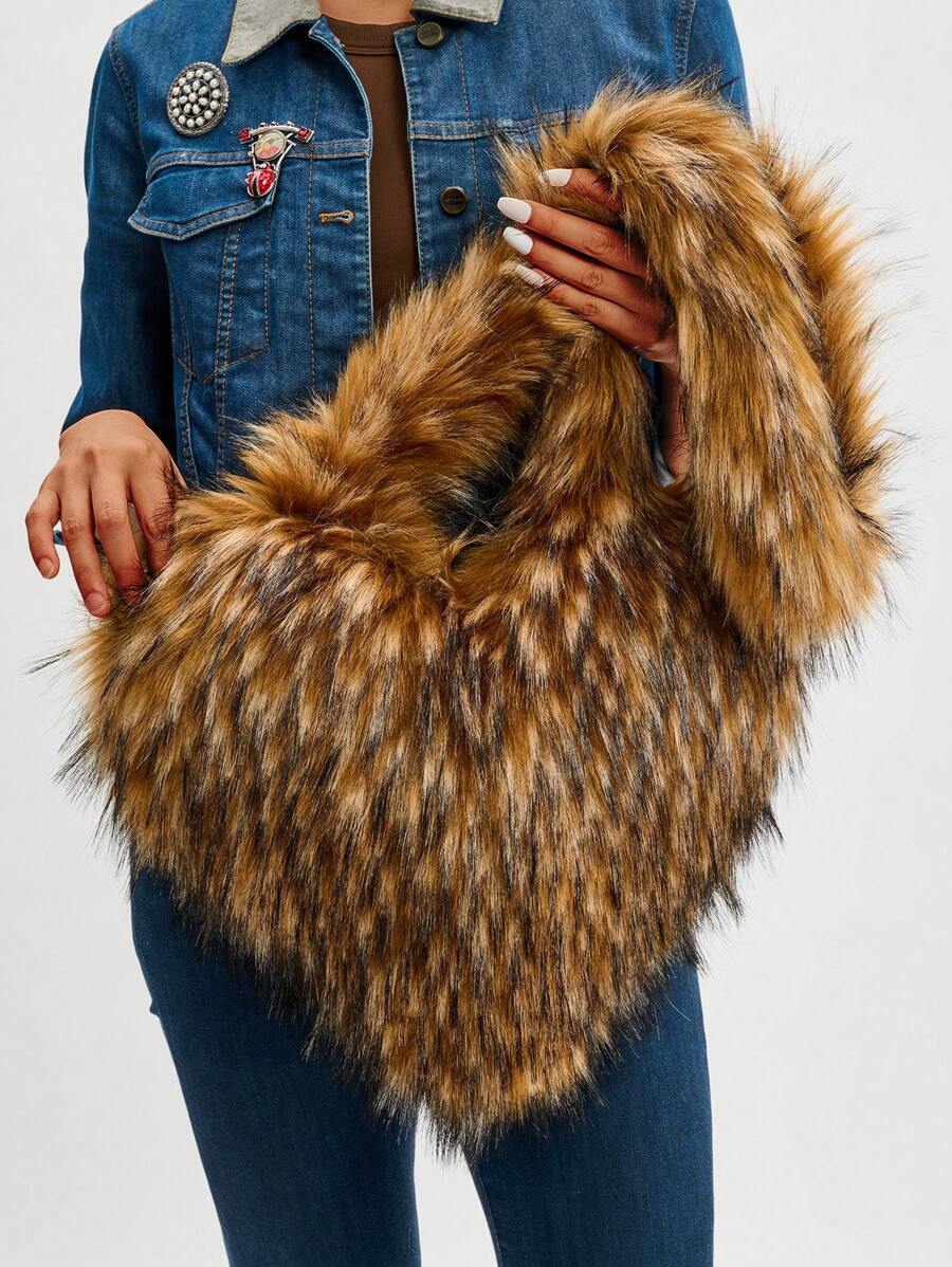 New Personality Fashion Furry Shell Bag Plush Heart Gothic Handbag ...