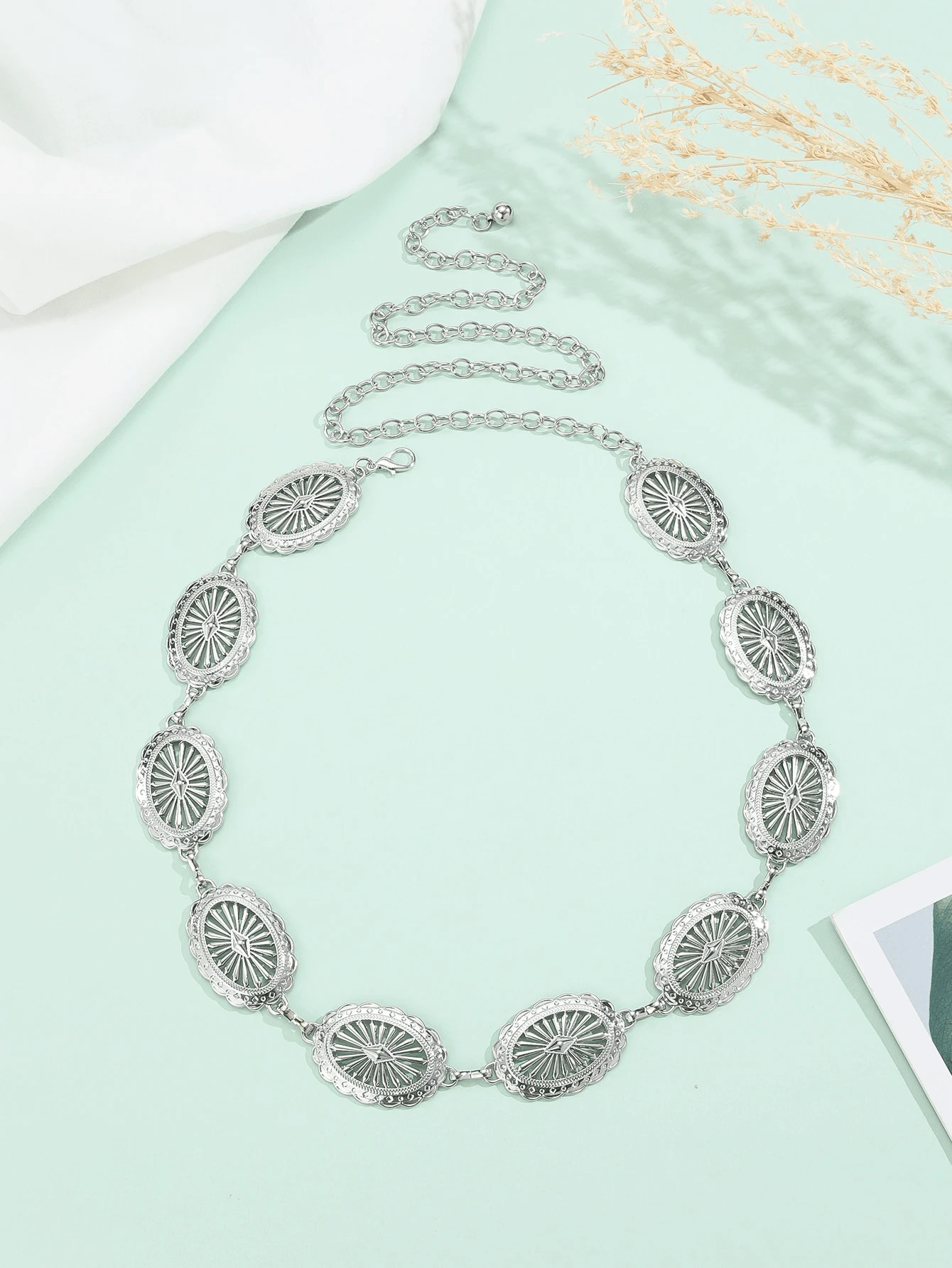 Boho Silver Metal Waist Chain With Oval Cutout, Vintage Dress ...
