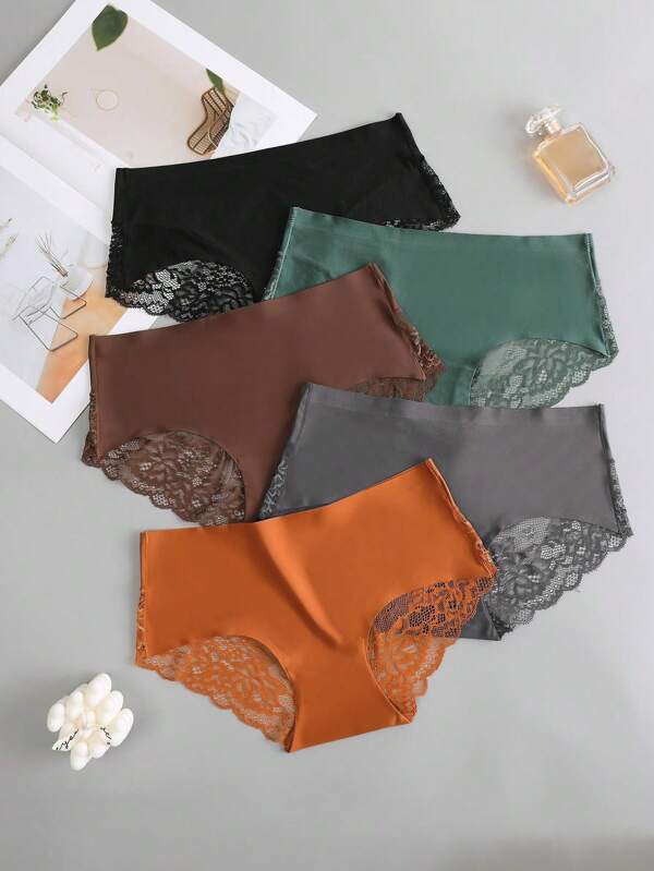 5pcs/Set Women'S Seamless Lace Splice Ice Silk Comfortable Breathable ...