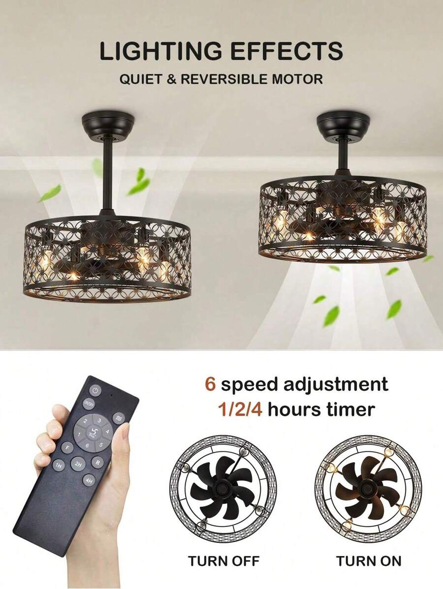 Caged Ceiling Fan With Lights, 18" Enclosed Ceiling Fan With Remote ...