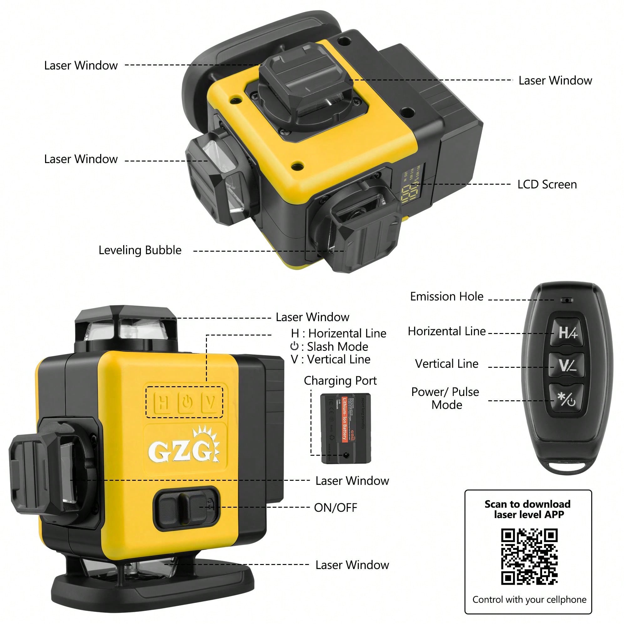 1 Set GZG Laser Level 4x360 Self Leveling 16 Lines Green Beam 4D Cross ...