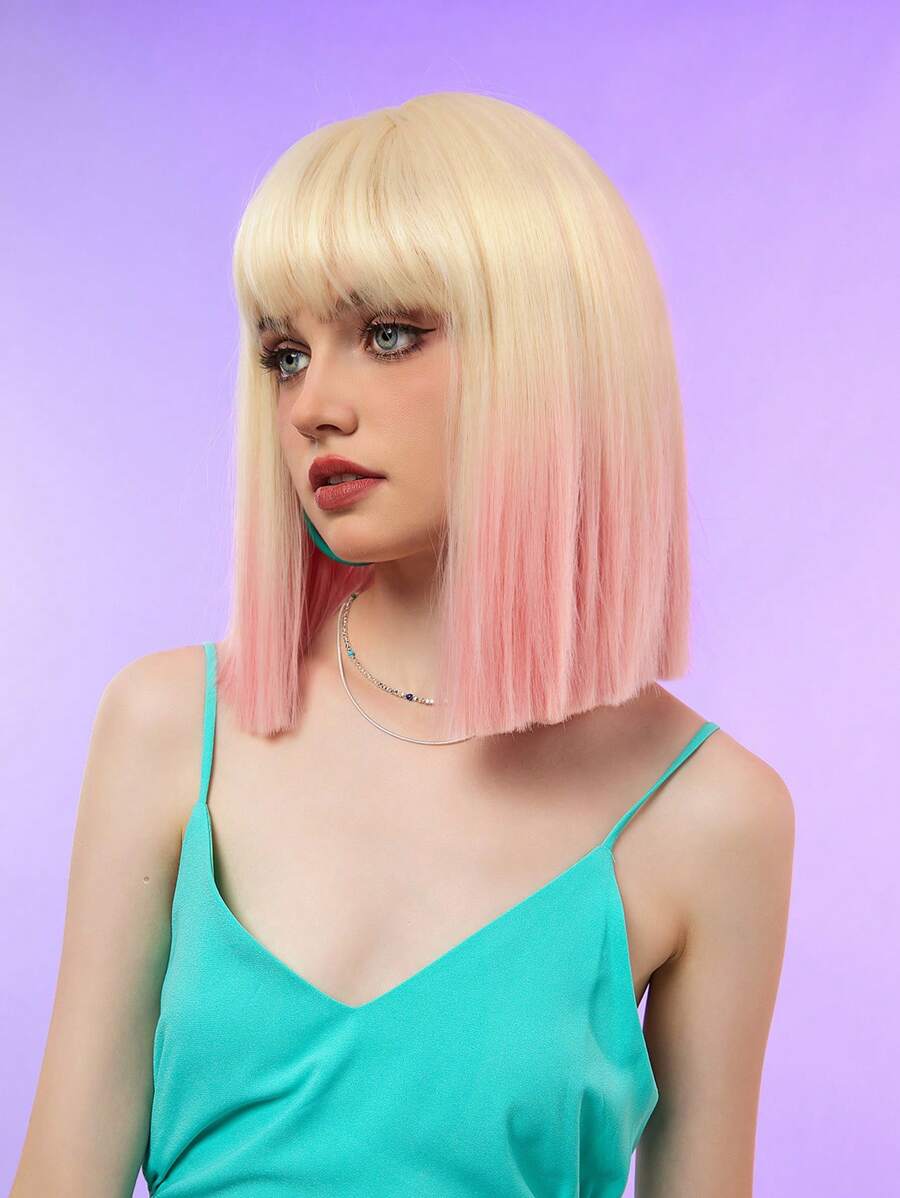 Summer Limit White Gold Gradation Pink Heat Resistant Short Bob Wig For ...