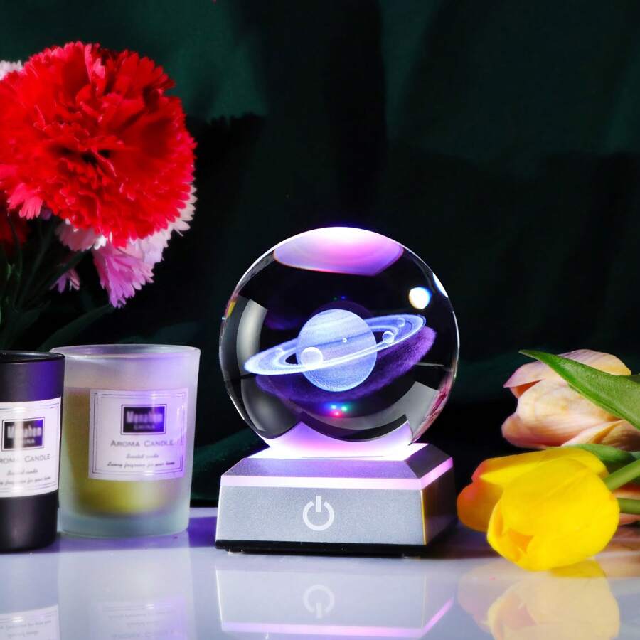 80mm 3D Engraved Saturn K9 Crystal Ball with Silver LED Base Solar ...