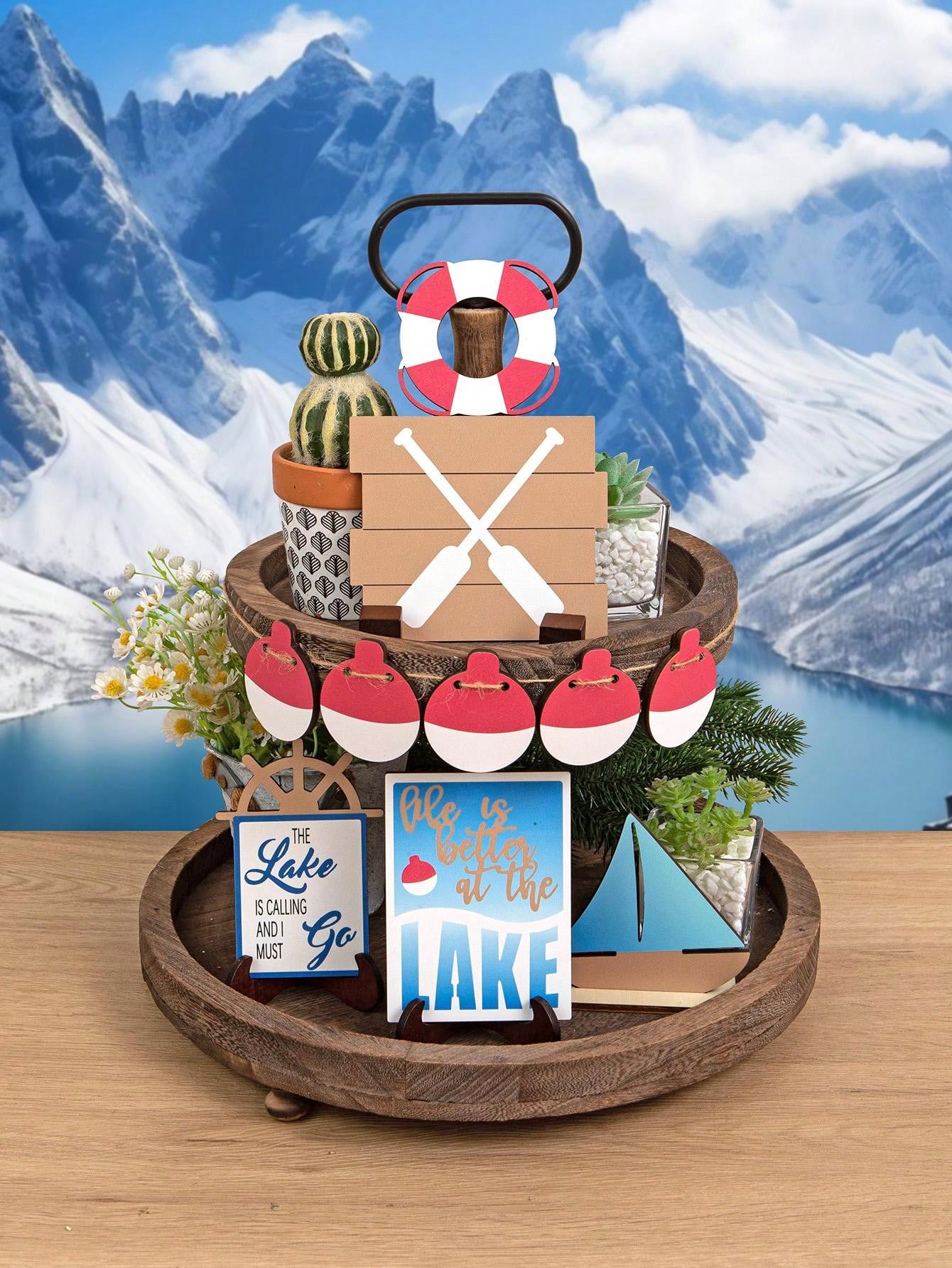 Lake Sign Rowing Boat Design Tiered Tray Decor Set With Mini Swimming ...