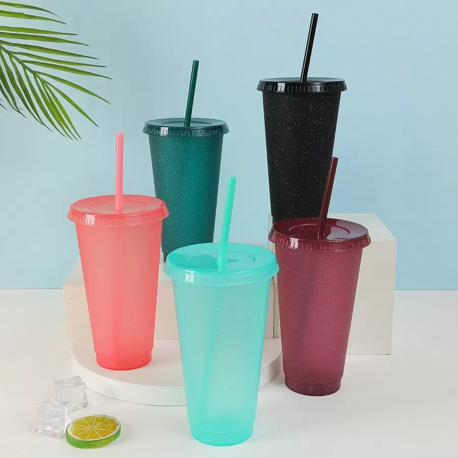 1pc/5pcs/6pcs/10pcs, 710ml/24oz,500ml/16oz Copo de plástico reutilizável com tampa e canudo ...
