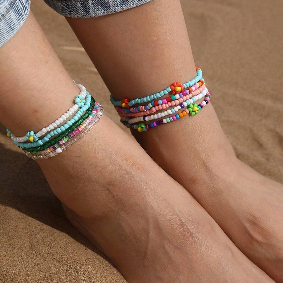 10pcs Bohemian Style Multicolor Rice Bead Chain Anklet And Bracelet Set | SHEIN USA