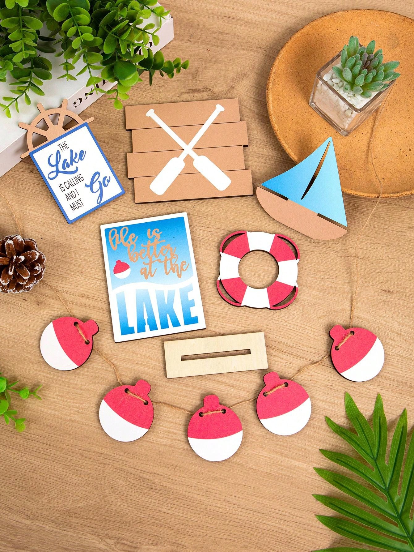 Lake Sign Rowing Boat Design Tiered Tray Decor Set With Mini Swimming ...