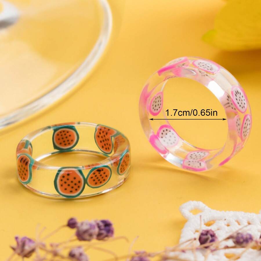 8 PCS Women's Acrylic Fruit Rings, Cute Resin Fruit Rings, Girls Transparent Rings With Colorful ...
