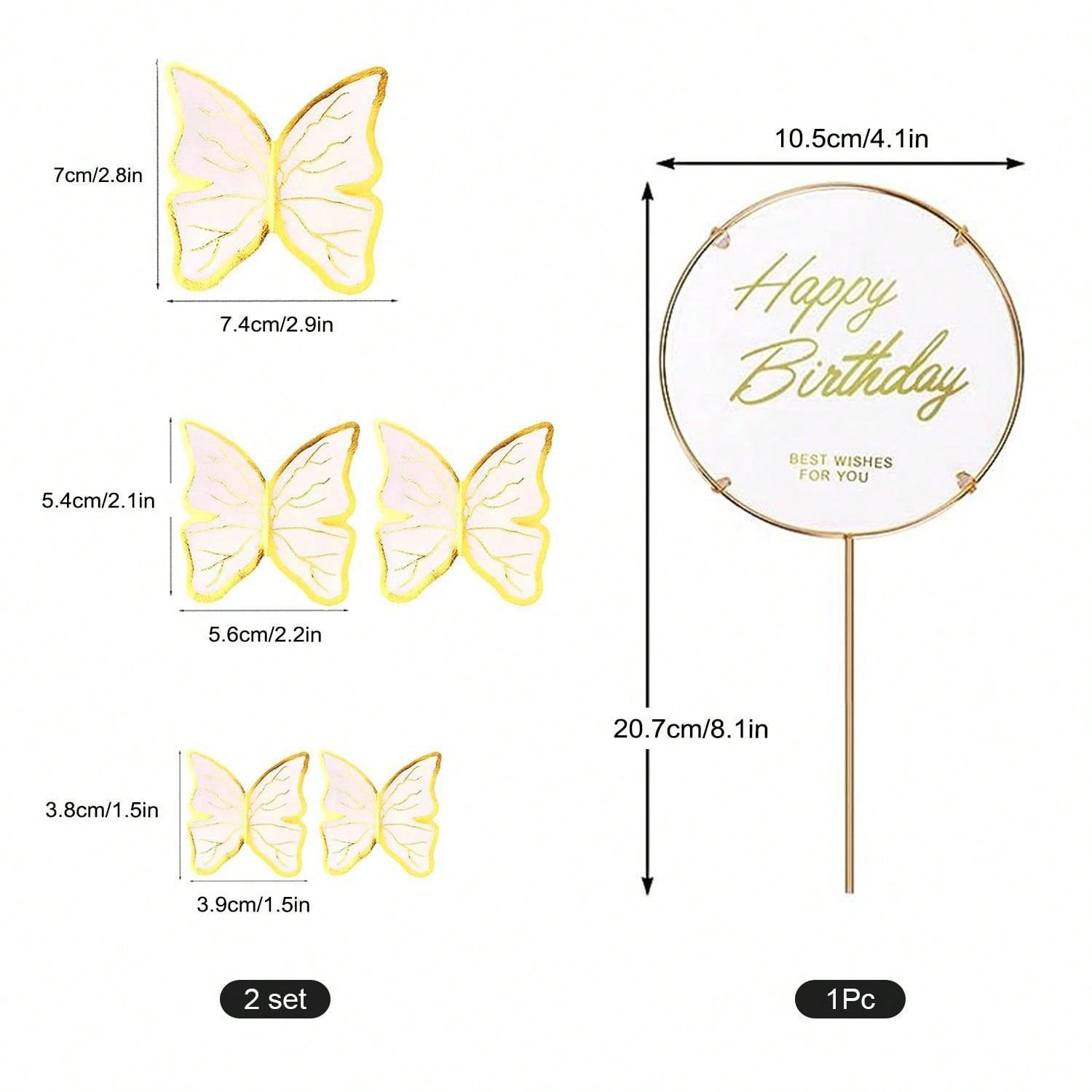 11-Pieces White Gold Butterfly Cake Toppers Happy Birthday Metal Gold ...