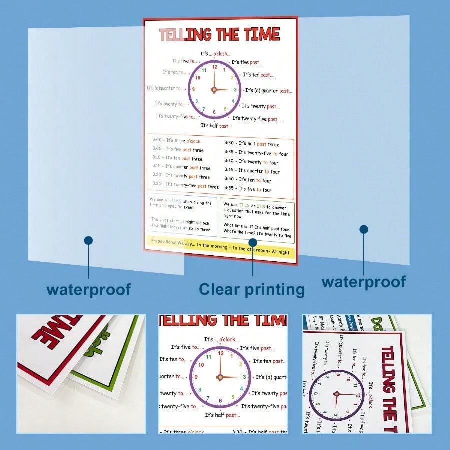 2 Pcs A4 Posters Telling The Time The Date English Learning Educational ...