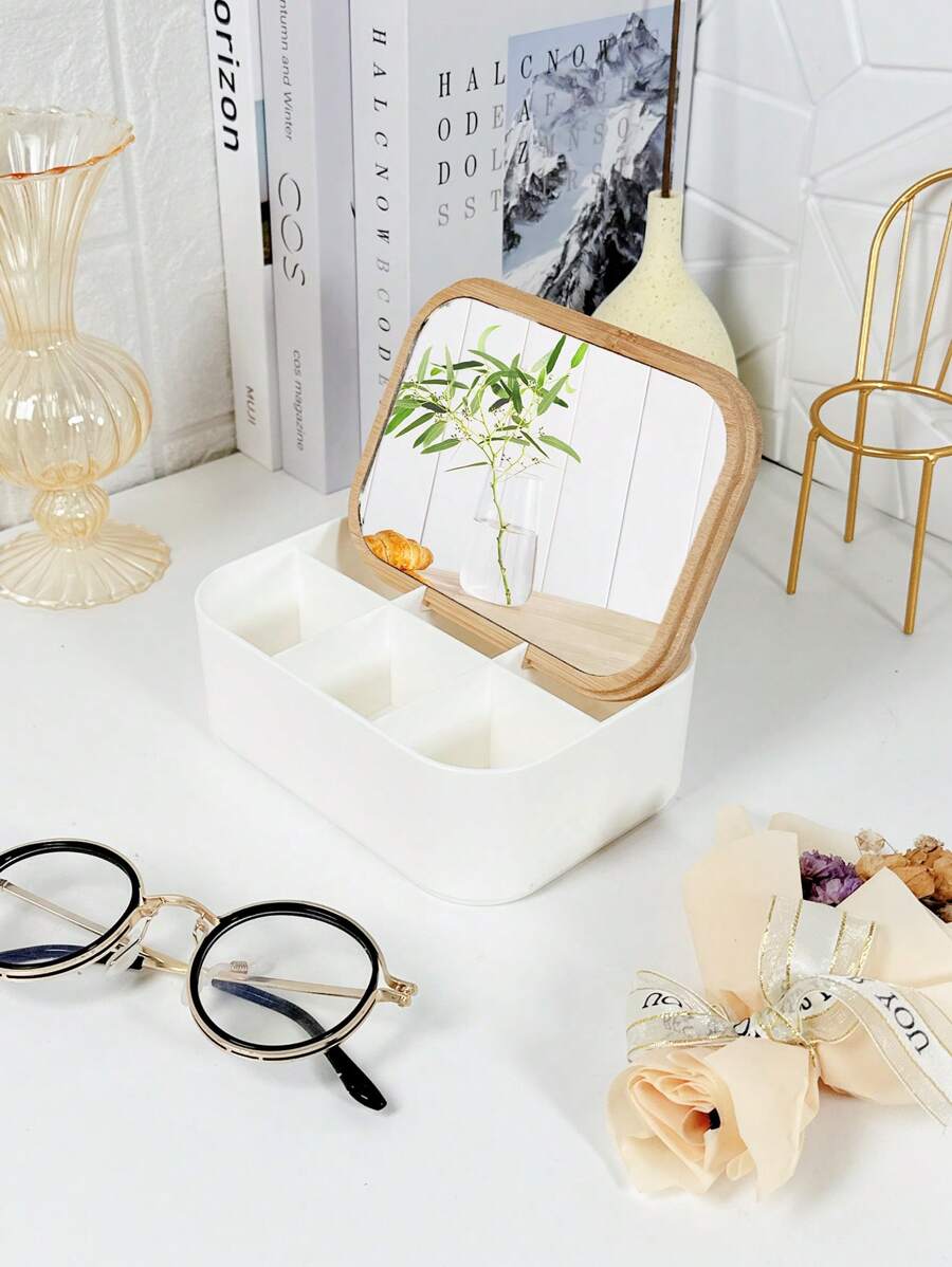 A High-end Bamboo Storage Vanity Mirror Integrated Desktop Mirror Ins ...