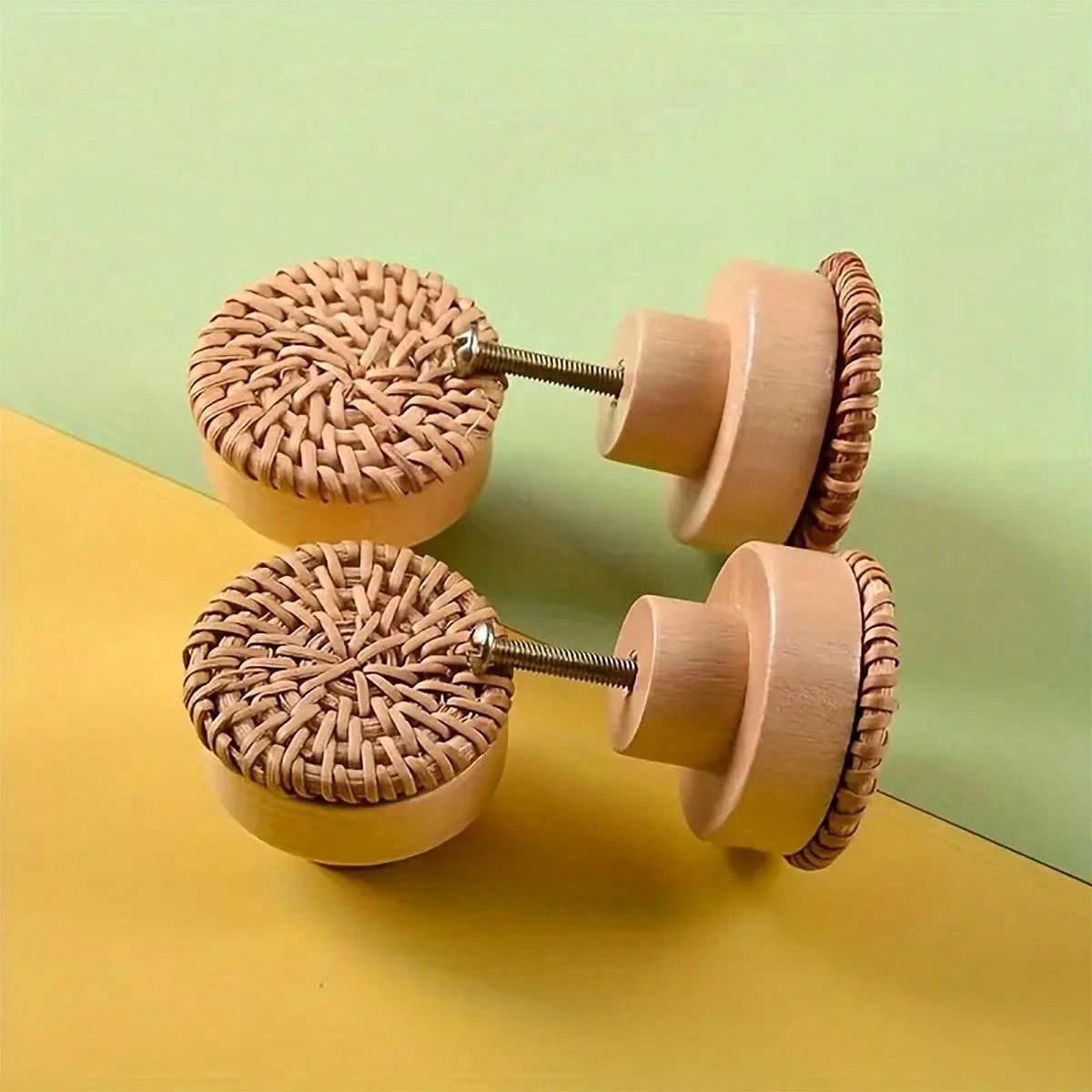 12pcs Boho Rattan Knobs Wood Handles Handmade Wicker Woven Round Pulls ...