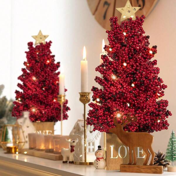 Lighted Red Berry Tree Tabletop Tree 16-Inch Potted Red Berry Christmas ...