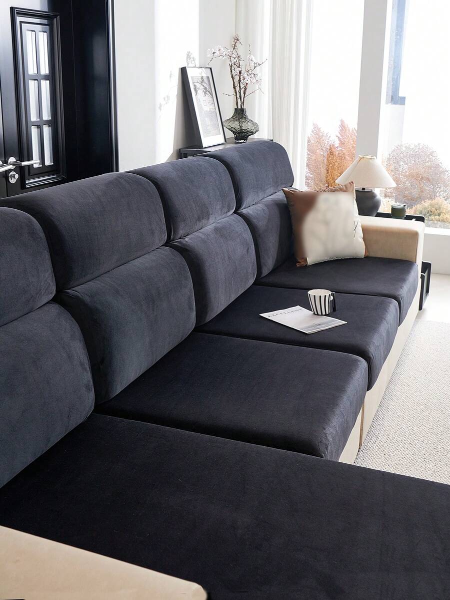 1pc Silver Fox Velvet Stretch Sofa Seat Cushion Cover, Solid Color ...