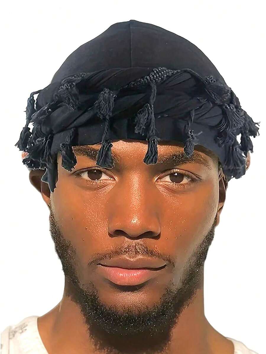 1pc Men Hat Punk Burr Trim Twisted Tail Fringe Bandana Hat Hop Turban ...