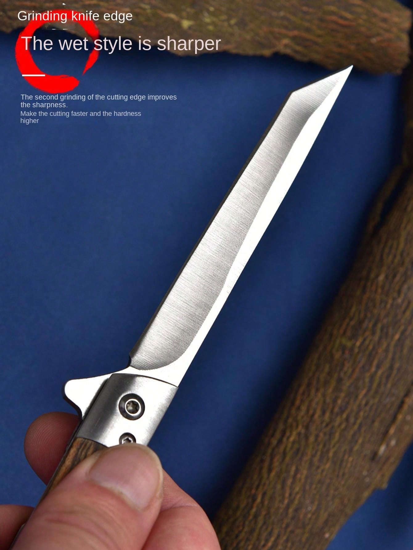 Outdoor Folding Knife With Sandblasted Square Tip Portable Pocket Knife With Wooden Handle For