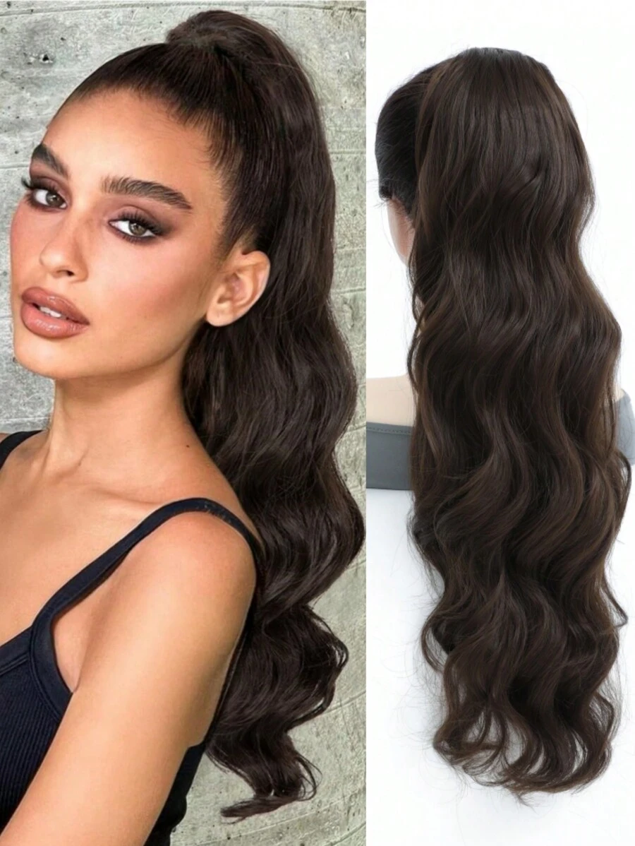 Ponytail Hair Extensions, Synthetic 26inch Dark Brown Long Wavy Clip in ...