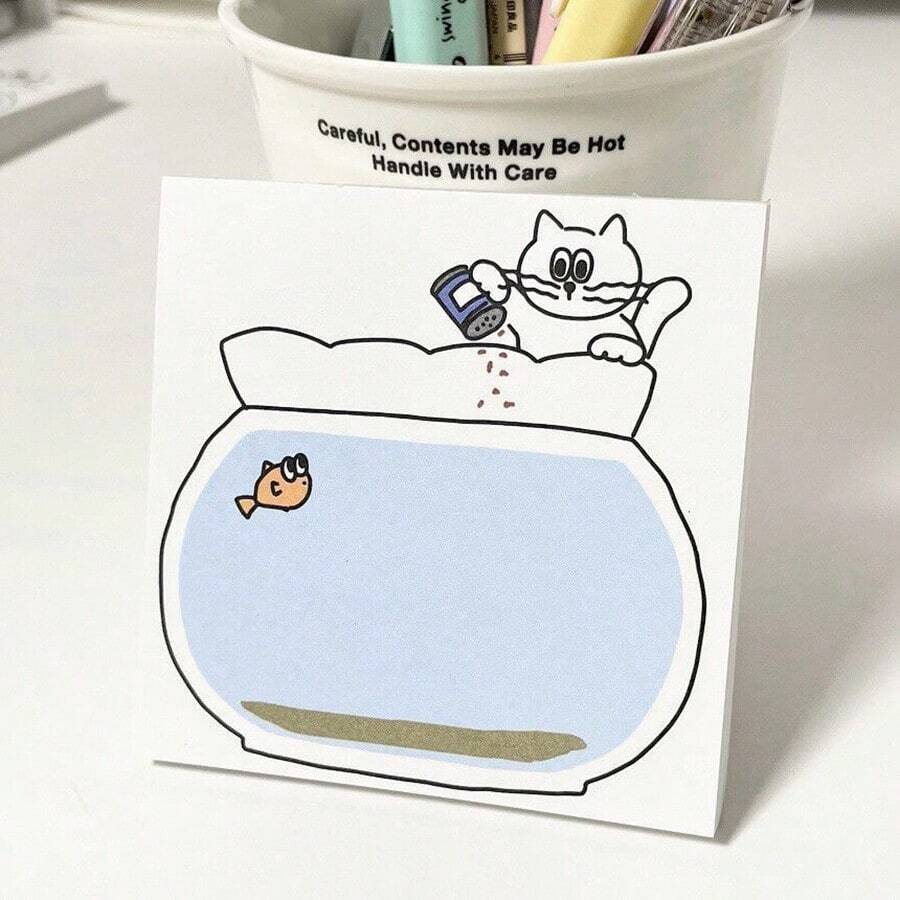 1 Korean Ins Style Cat Note Pad, Cartoon Fish Tank Student Tearable ...