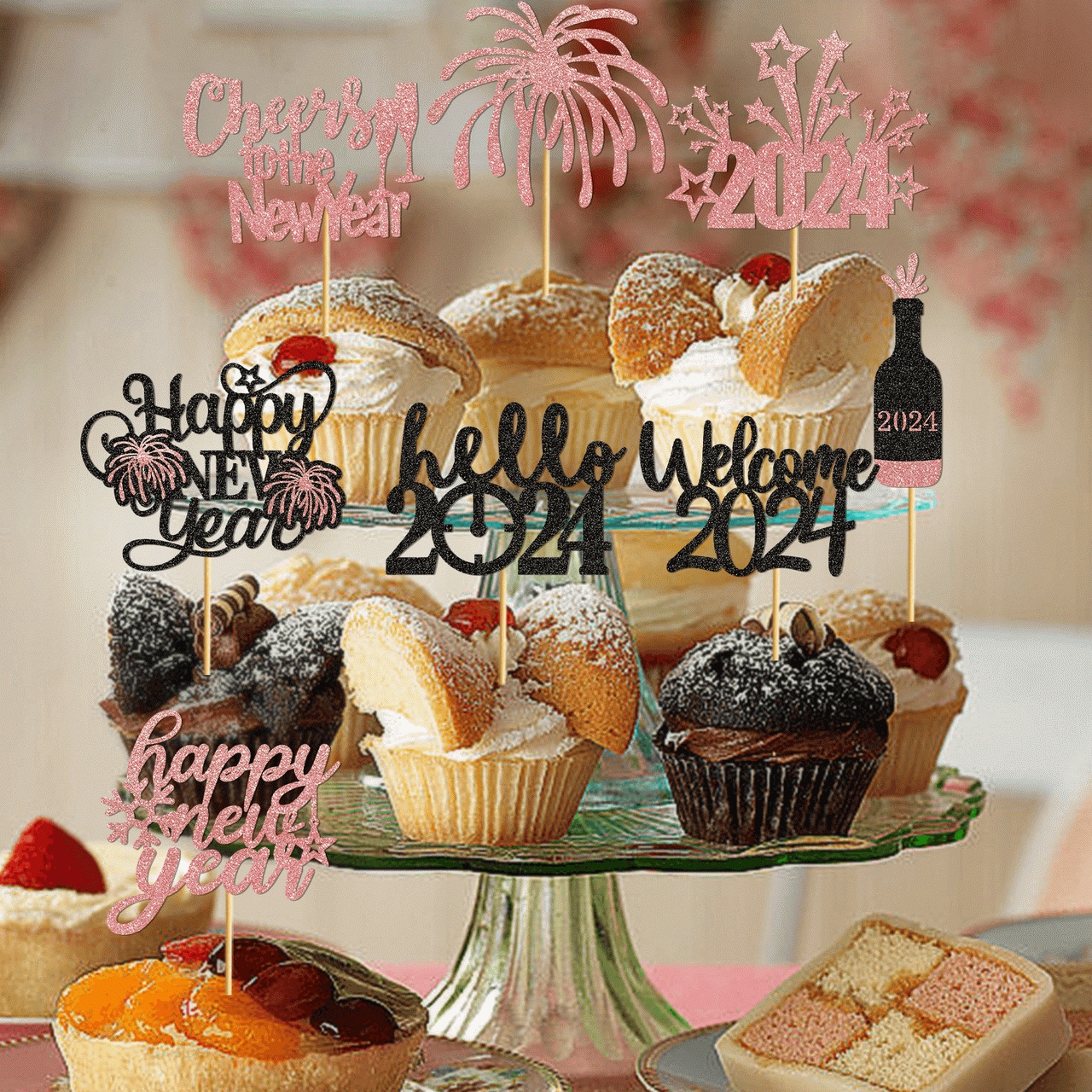 24Pcs Happy New Year Cupcake Toppers Hello Welcome 2024 Cupcake Toppers ...