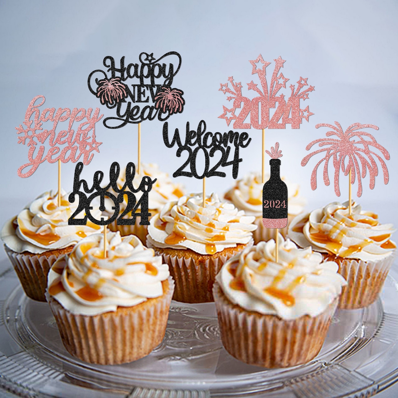 24Pcs Happy New Year Cupcake Toppers Hello Welcome 2024 Cupcake Toppers ...