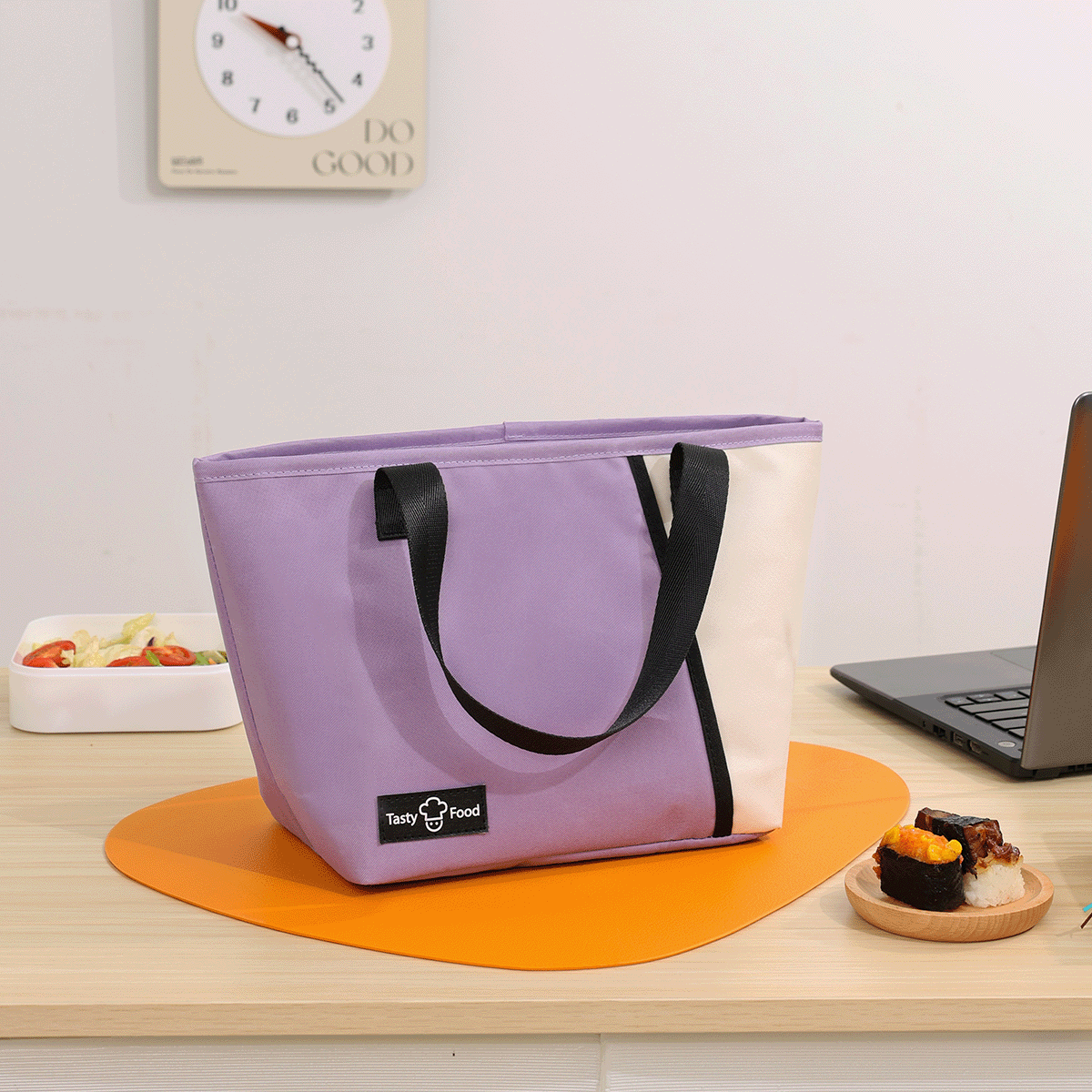 Purple Color Block Lunch Bag Portable Zipper Polyester Insulated Lunch ...