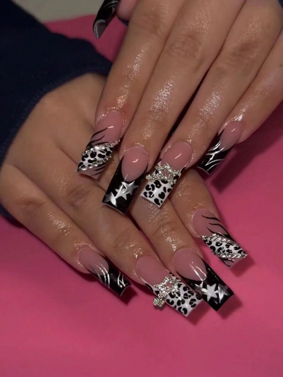 24 stuks Y2K pers op nagels lange vierkante nepnagels Franse tip ...