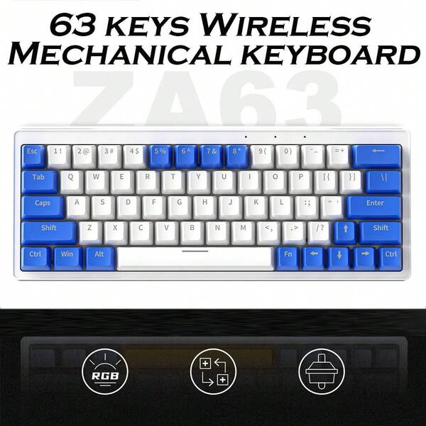 ZA63 Mechanical Keyboard Wireless Wired Tri-Modes Hotswap 63 Keys RGB ...