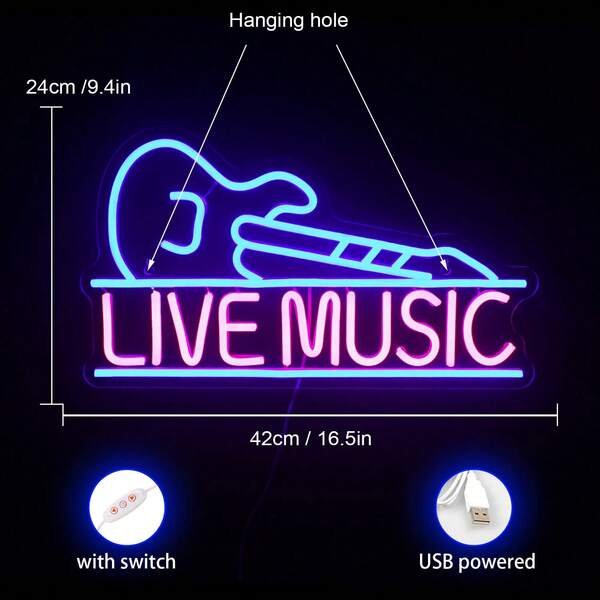 Live Music Neon Sign, Blue & Pink Led Neon Light Alphabet Guitar Shape ...