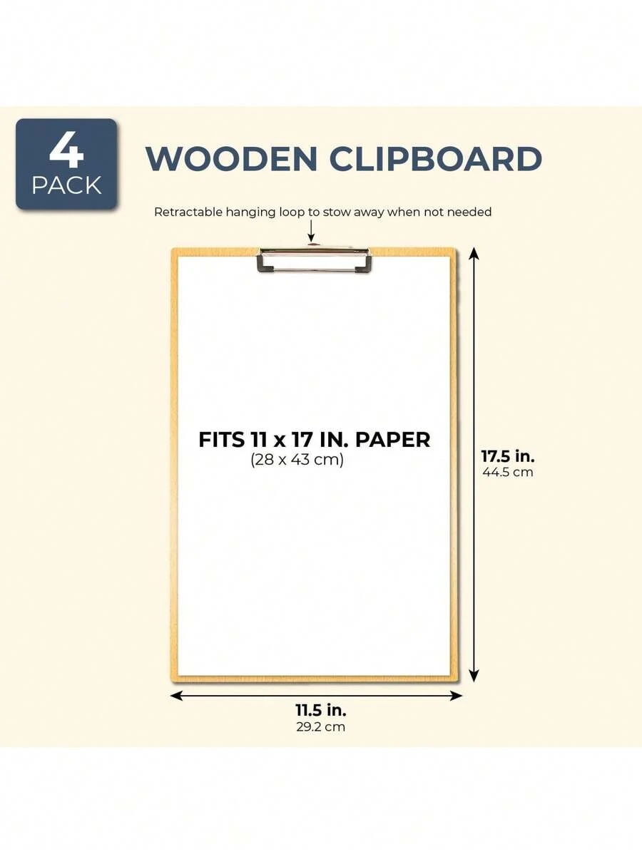 4 Pack Extra Large 11x17 Clipboards, Wooden Art Board With Low-Profile ...