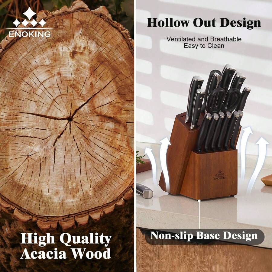 15 Slots Universal Knife Block, Acacia Wood Knife Block Without Knives ...