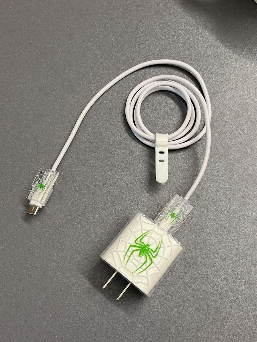 4pcs/Set Transparent Tpu Spider Design Painted Charger & Data Cable ...