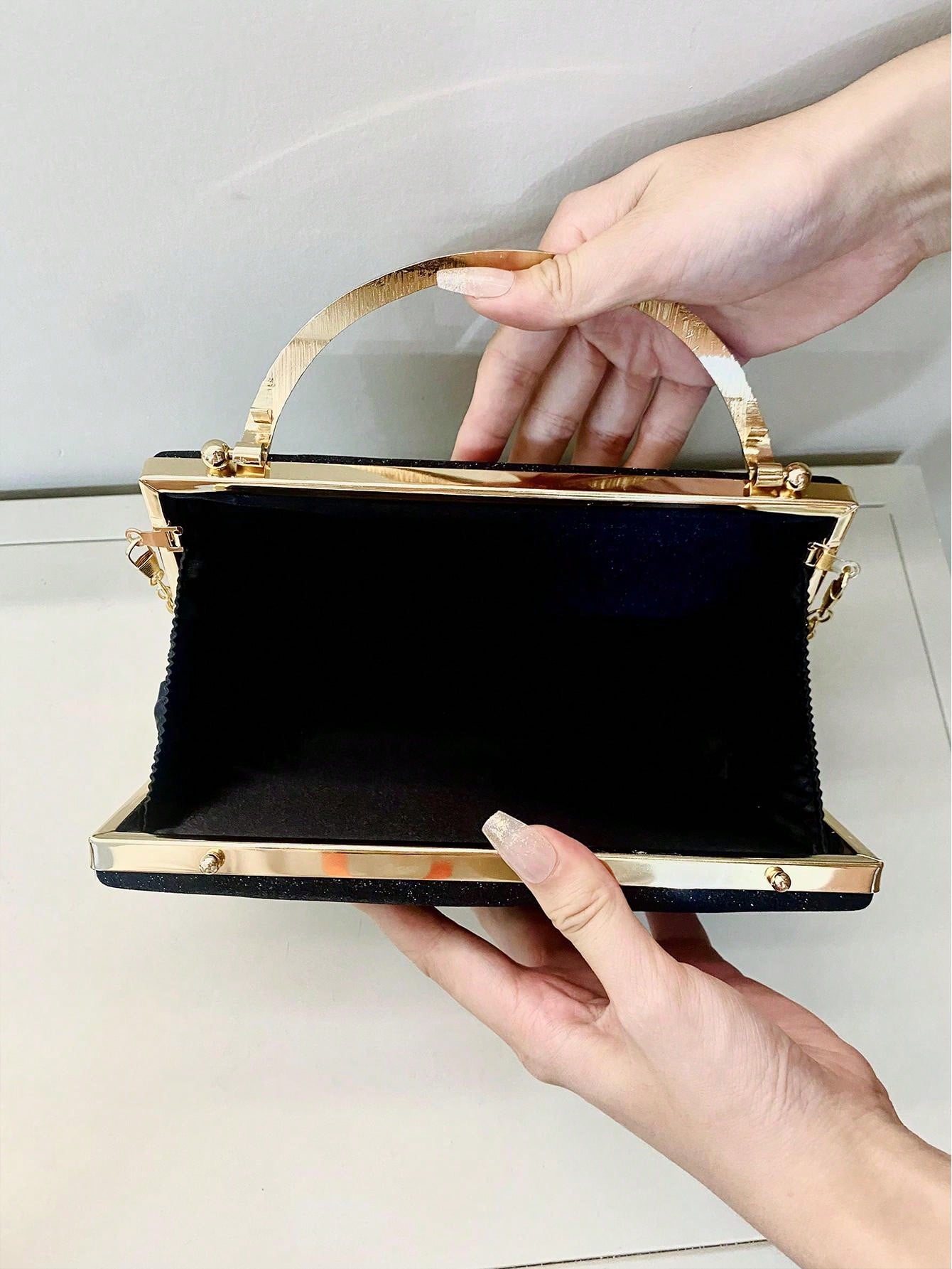 Metal Handle Elegant Evening Bag With Shiny Chain Strap, Women's ...