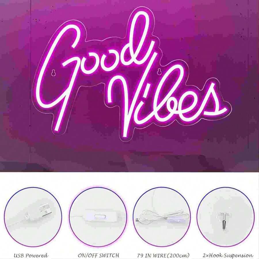 Good Vibes Neon Sign, Neon Signs for Wall Decor, Pink Neon Lights for ...