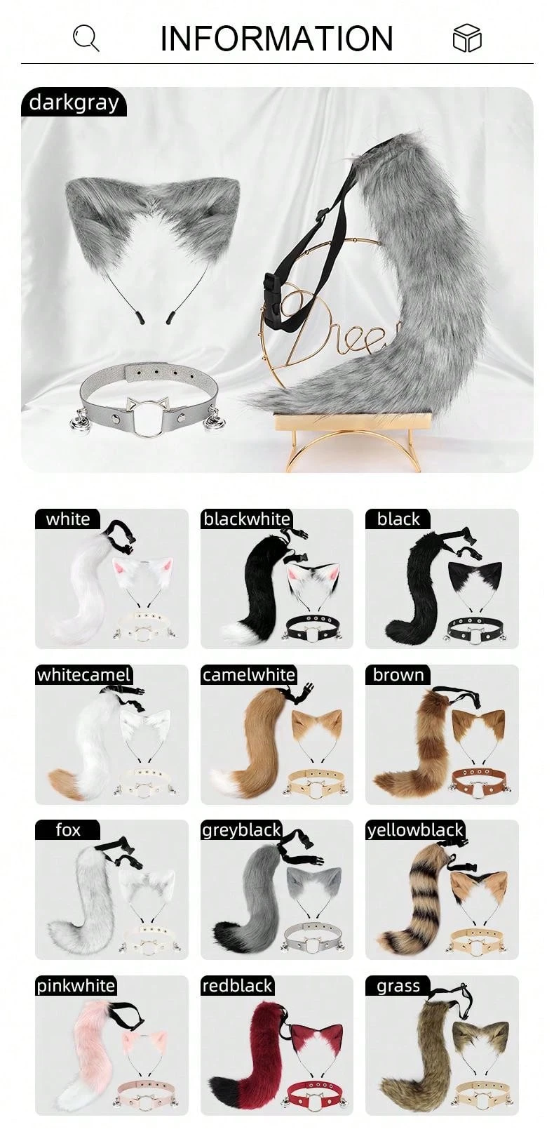 Handmade Realistic Cat Ear Headband, Fox Tail Accessory, 2-Piece Anime ...