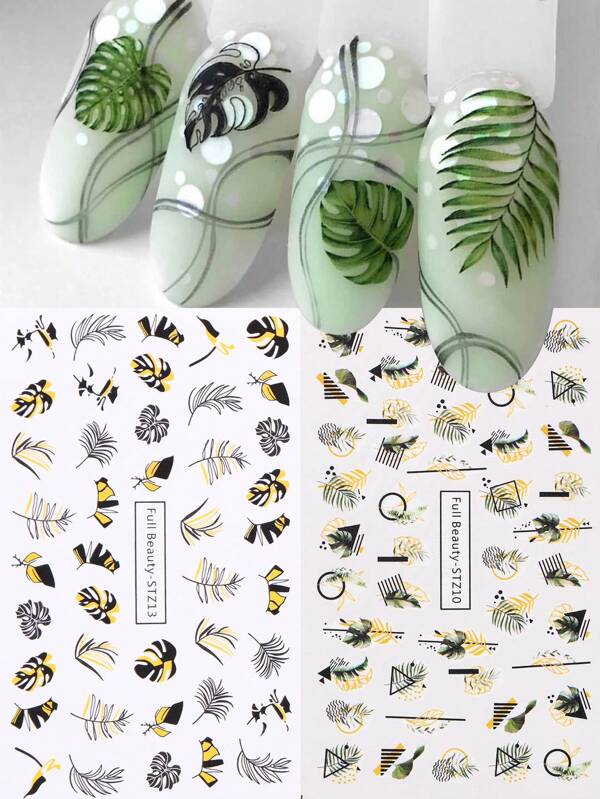 2pcs Green Leaf Nail Art Stickers Water Transfer Sliders Tropical Leaves Mango Nail Design ...