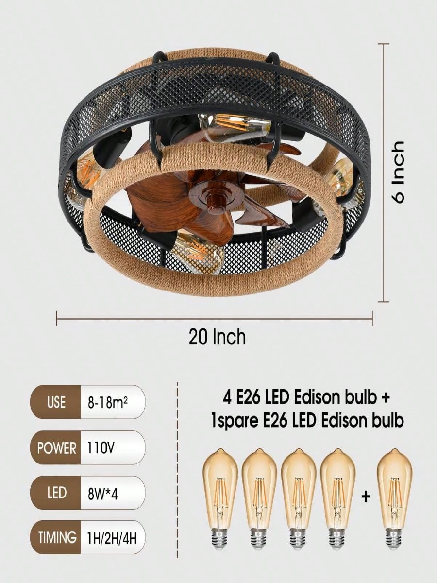 Woven Cage Low Profile Ceiling Fans with Lights, Enclosed Industrial ...