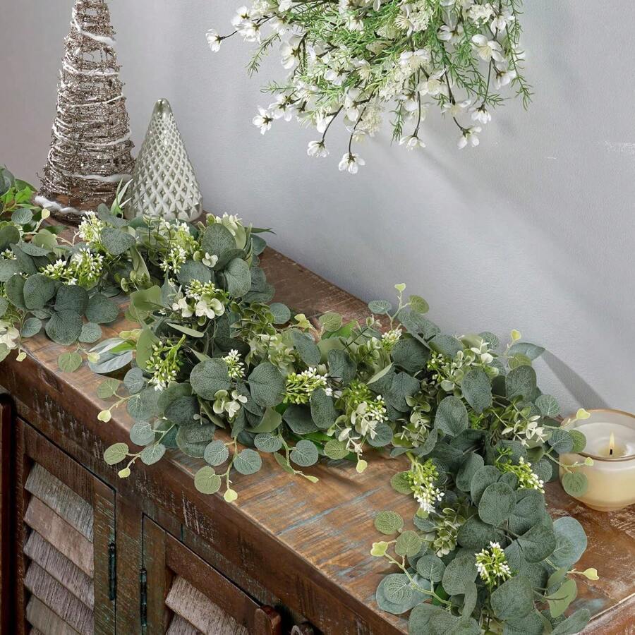 Eucalyptus Garland with White Flowers 1 Pack 5.9Ft Silver Dollar ...