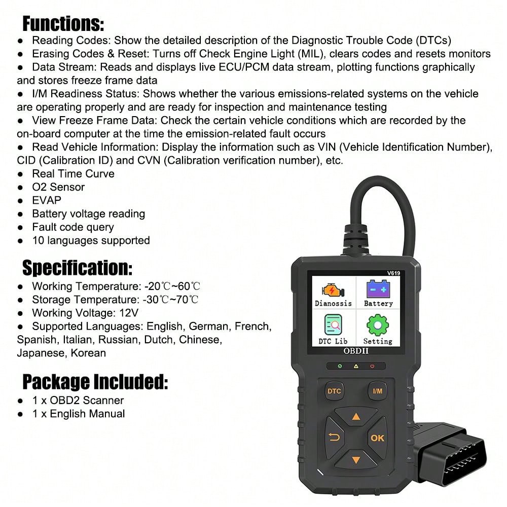 1PC V619 OBD2 Scanner Car Diagnostic Tool Check Engine System Battery ...