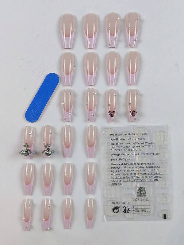 24pcs/set Coffin Shaped False Nails With Heart Design, Faux Pearls ...