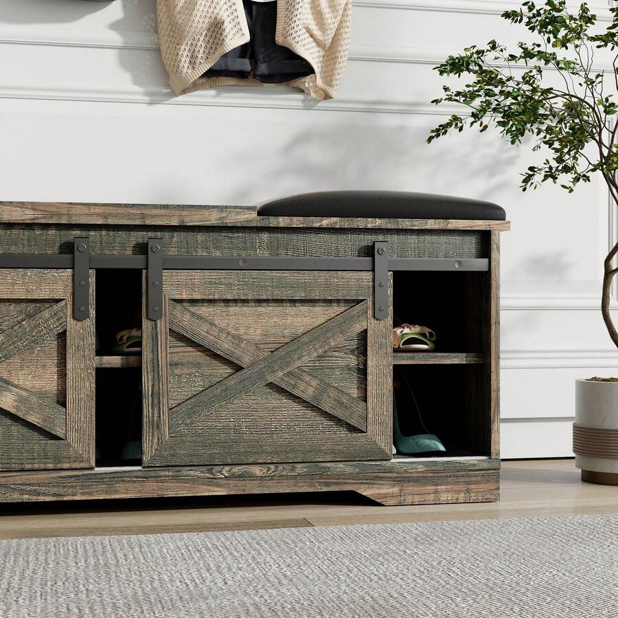 47 Inch Shoe Bench Entryway with Storage, Dark Oak Shoe Bench with ...