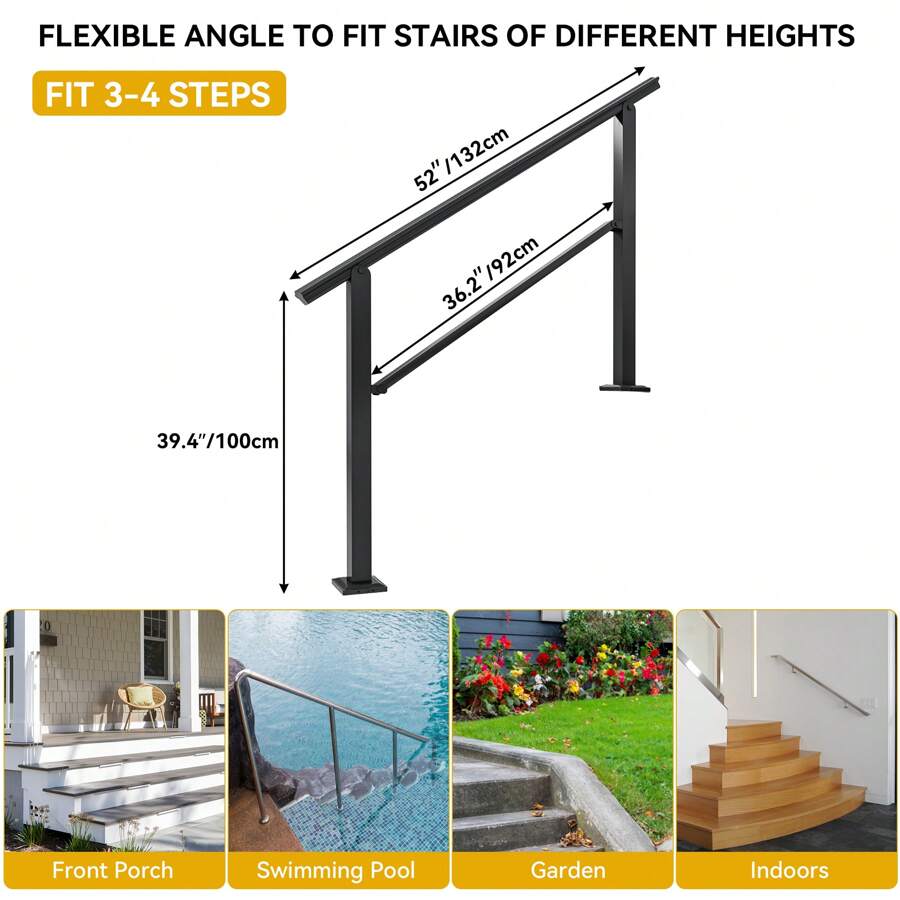 Homnibu Handrails For Outdoor Steps, 3-4 Step Stair Railing Outdoor 52 ...