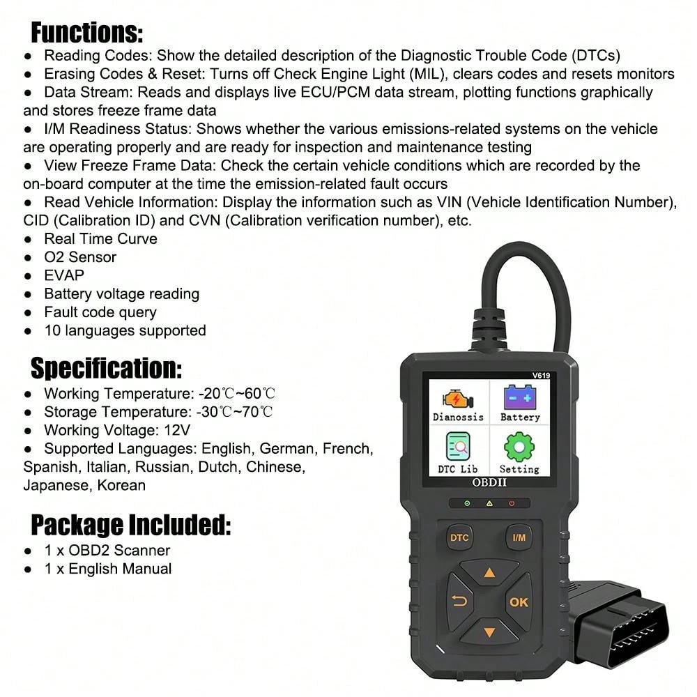 1PC V619 OBD2 Scanner Car Diagnostic Tool Check Engine System Battery ...