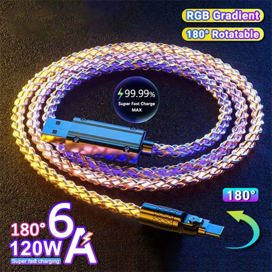 1 PC 6A RGB Glowing 180° Rotation USB C Cable Max 120W Super Fast ...
